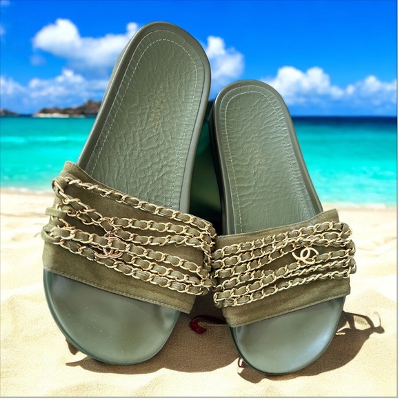 CHANEL | Shoes | Chanel Green With Gold Chain Slides | Poshmark